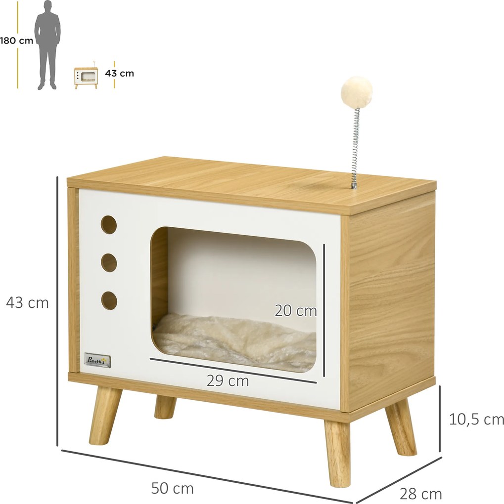 Domeček pro kočky PawHut v TV designu, míček a polštářek v ceně, koš pro kočky, dub/béžová/bílá, 50x28x43cm