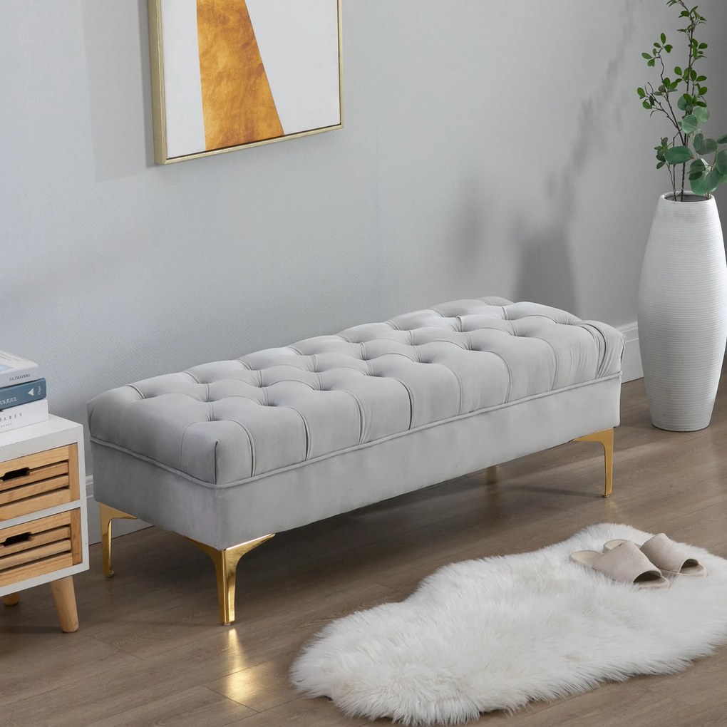 HOMCOM Lavice k posteli Lavice na boty se zvýšenými nohami ze sametu ve světle šedé barvě 118x45x42cm do ložnice a předsíně
