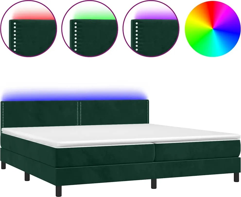 Box spring postel s matrací a LED tmavě zelená 200x200 cm samet 3134366