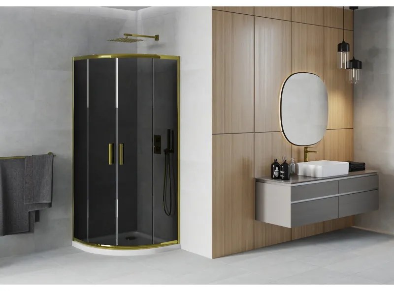 Mexen Rio, čtvrtkruhový sprchový kout s posuvnými dveřmi 80 (dveře) x 80 (dveře) x 190 cm, 5mm šedé sklo, zlatý profil + bílá sprchová vanička SLIM, 863-080-080-50-40-4110G