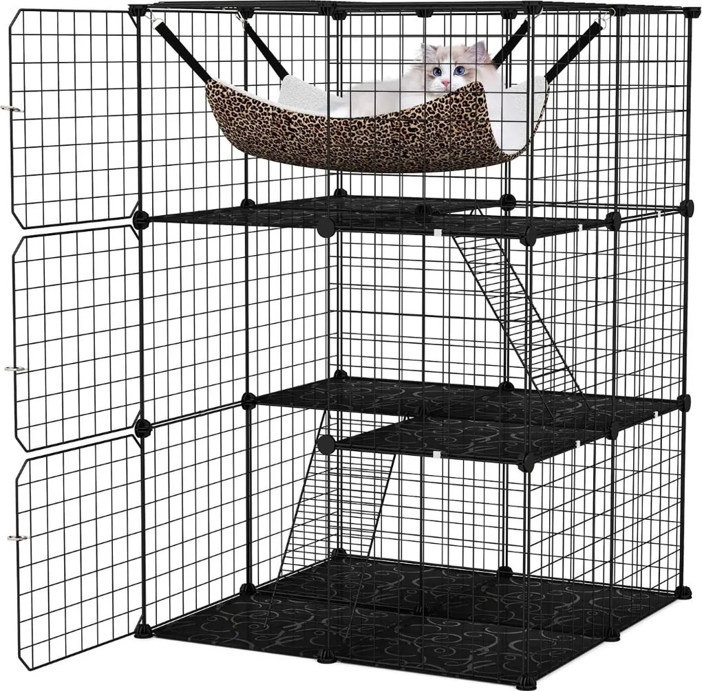 Costway Klec pro kočky 3patrový velký výběh pro kočky s houpací sítí 2 žebříky