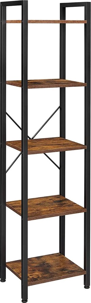 Knihovna, 5patrový úložný regál s ocelovým rámem 40x30x146 cm, rustikální hnědá a černá