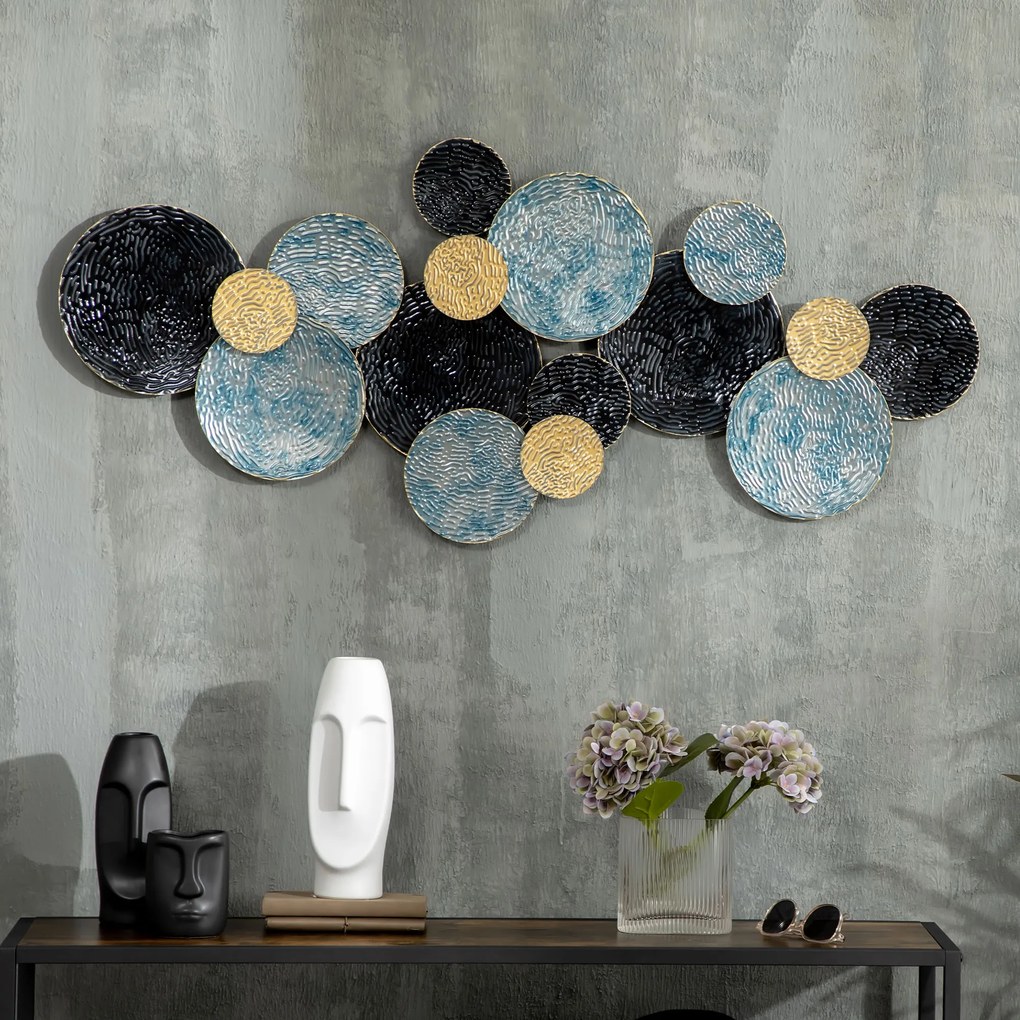 HOMCOM 3D nástěnná malba kovový obraz nástěnná plastika moderní obývací pokoj umění 121x53cm ve zlaté černé modré pro stylové dekorace