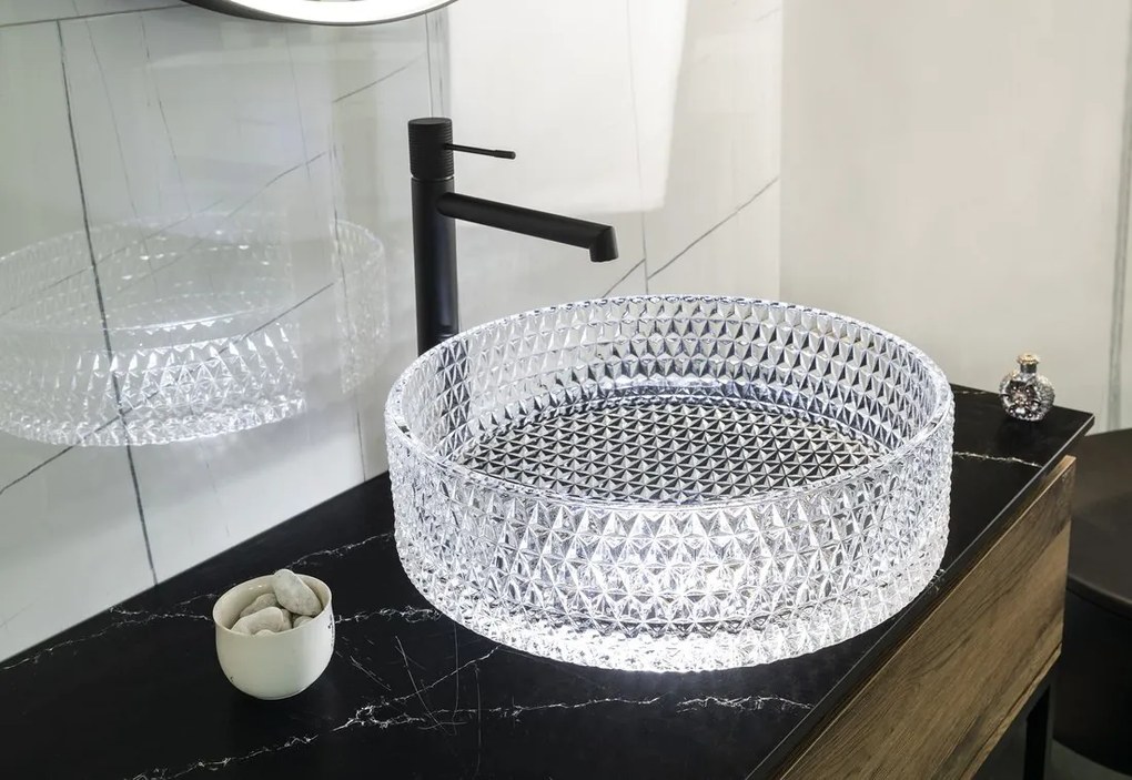 Sapho Sapho, MARAGUA gravírované skleněné umyvadlo na desku Ø 39,5 cm, čiré sklo, TY214CL