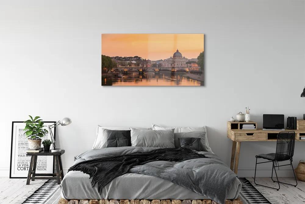 akrylový obraz řeka Řím Sunset mosty budovy 125x50 cm