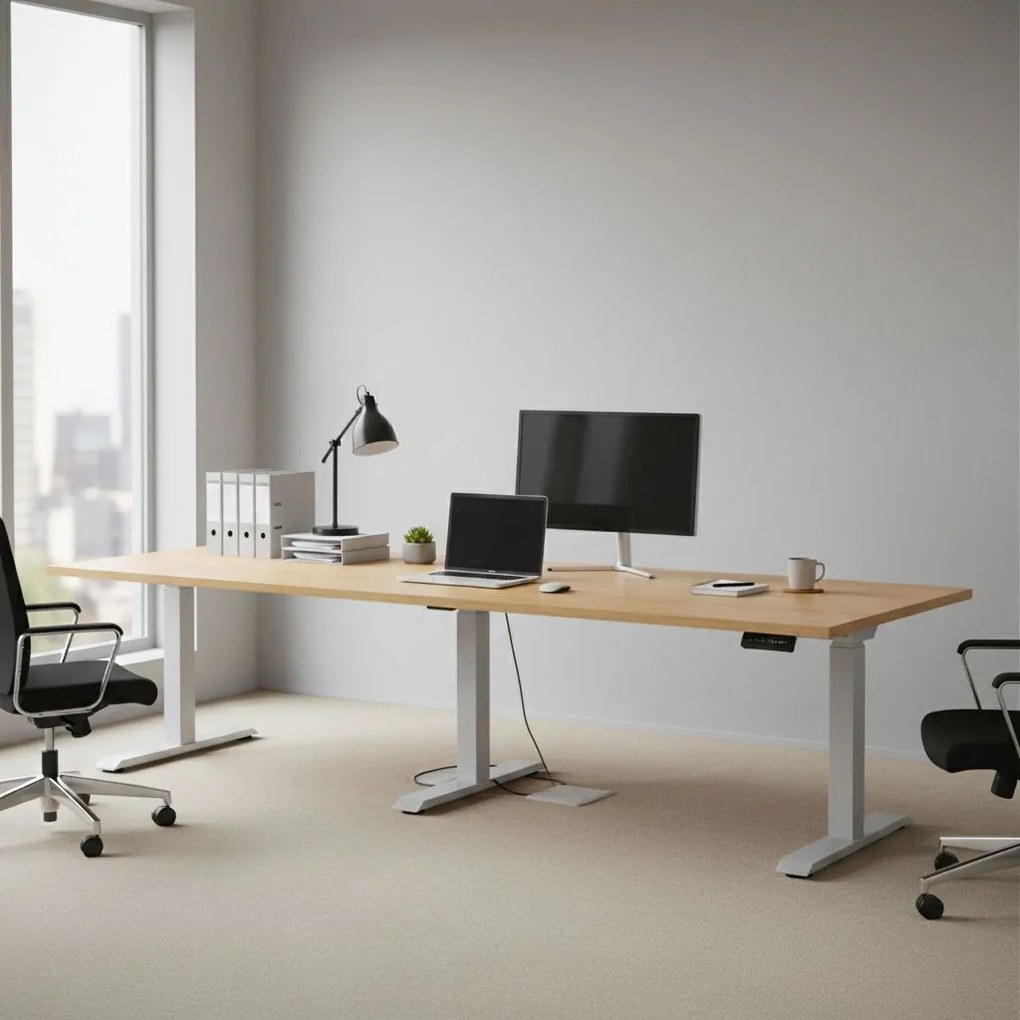 Výškově nastavitelný stůl OfficeTech Long, 260 x 80 cm, šedá podnož, dub zlatý