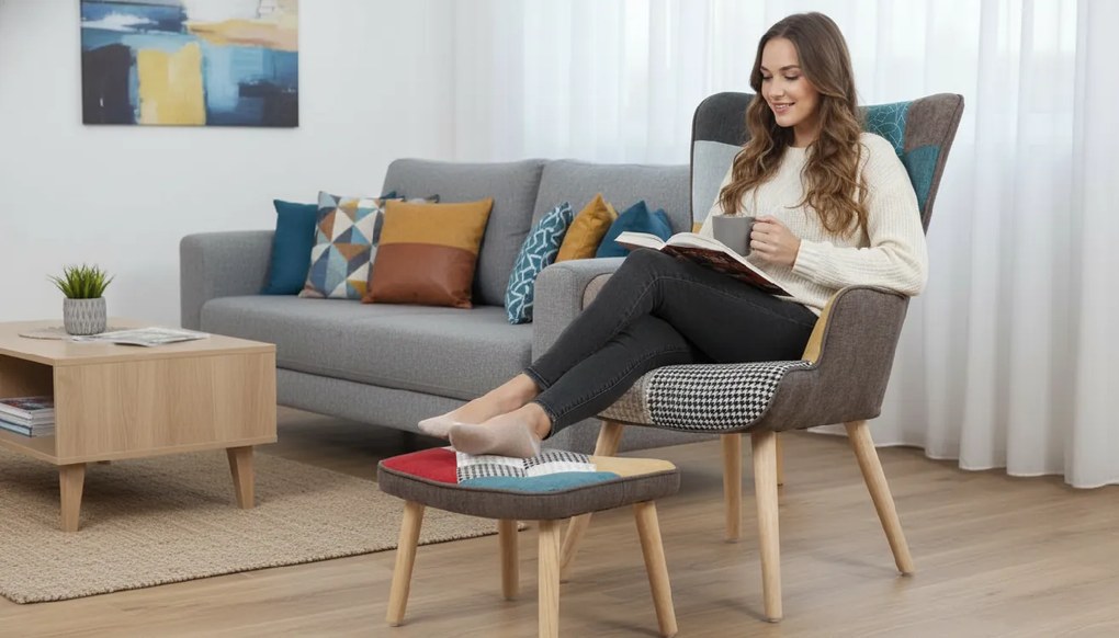 Relaxační křeslo ušák LYRO - patchwork látka Barva: Vícebarevná