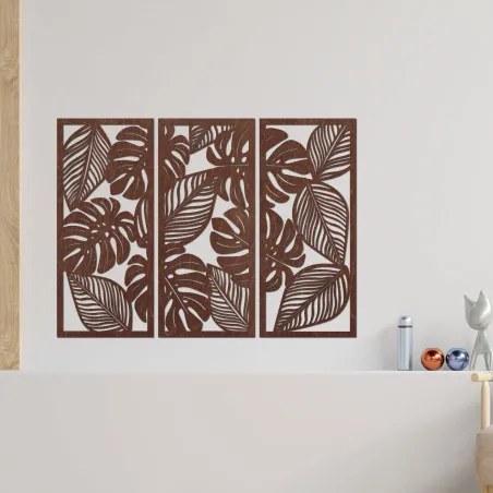 Dřevěný trojdílný obraz monstera – Dekorace do interiéru | SENTOP PR0523
