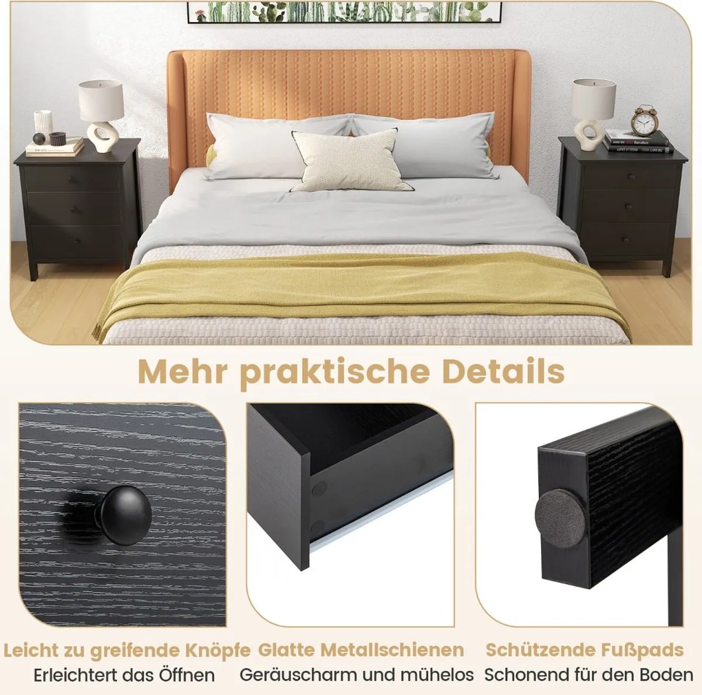 Costway Noční stolek s 3 zásuvkami k pružinové posteli – 56 × 45 × 66 cm