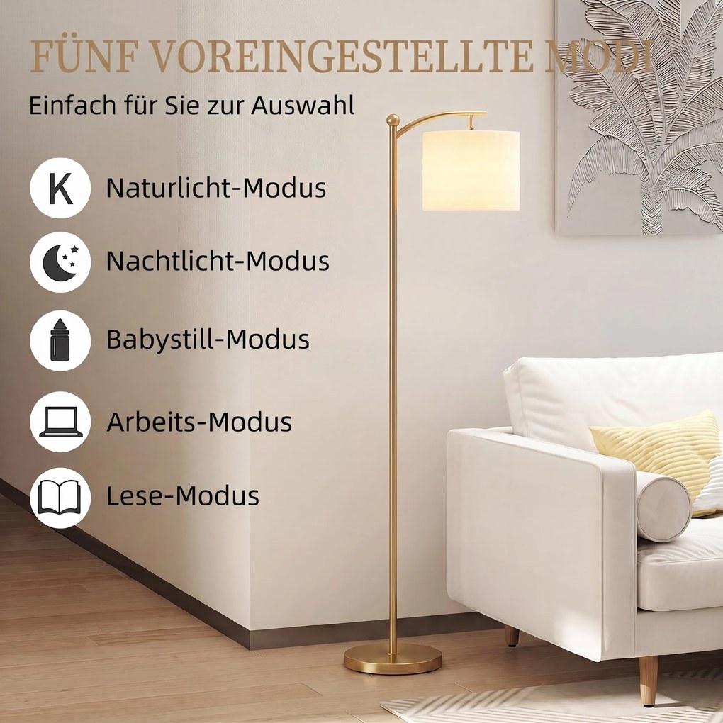 HOMCOM Stojací lampa, nastavitelné možnosti osvětlení, nožní spínač, dálkové ovládání, kov, zlatá