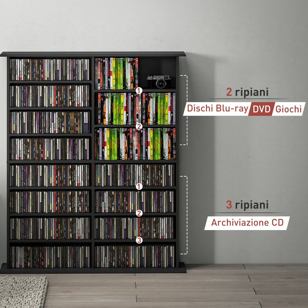 HOMCOM Moderní Knihovna s 16 Policemi pro 720 CD, Držák na CD z Dřevotřísky, 106,5x24x123,7 cm, Černá