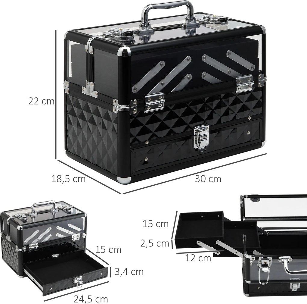 HOMCOM Organizér na make-up a šperky, přenosný, víceúrovňový s rukojetí a skládacími přihrádkami, hliníková slitina, 30x18,5x22 cm, průhledný a černý