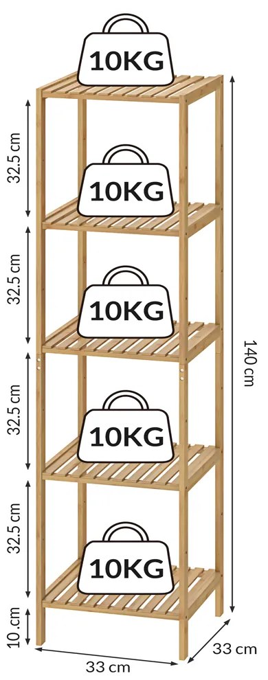 Casaria Bambusový regál 5 polic 140 x 33 x 33 cm 107918