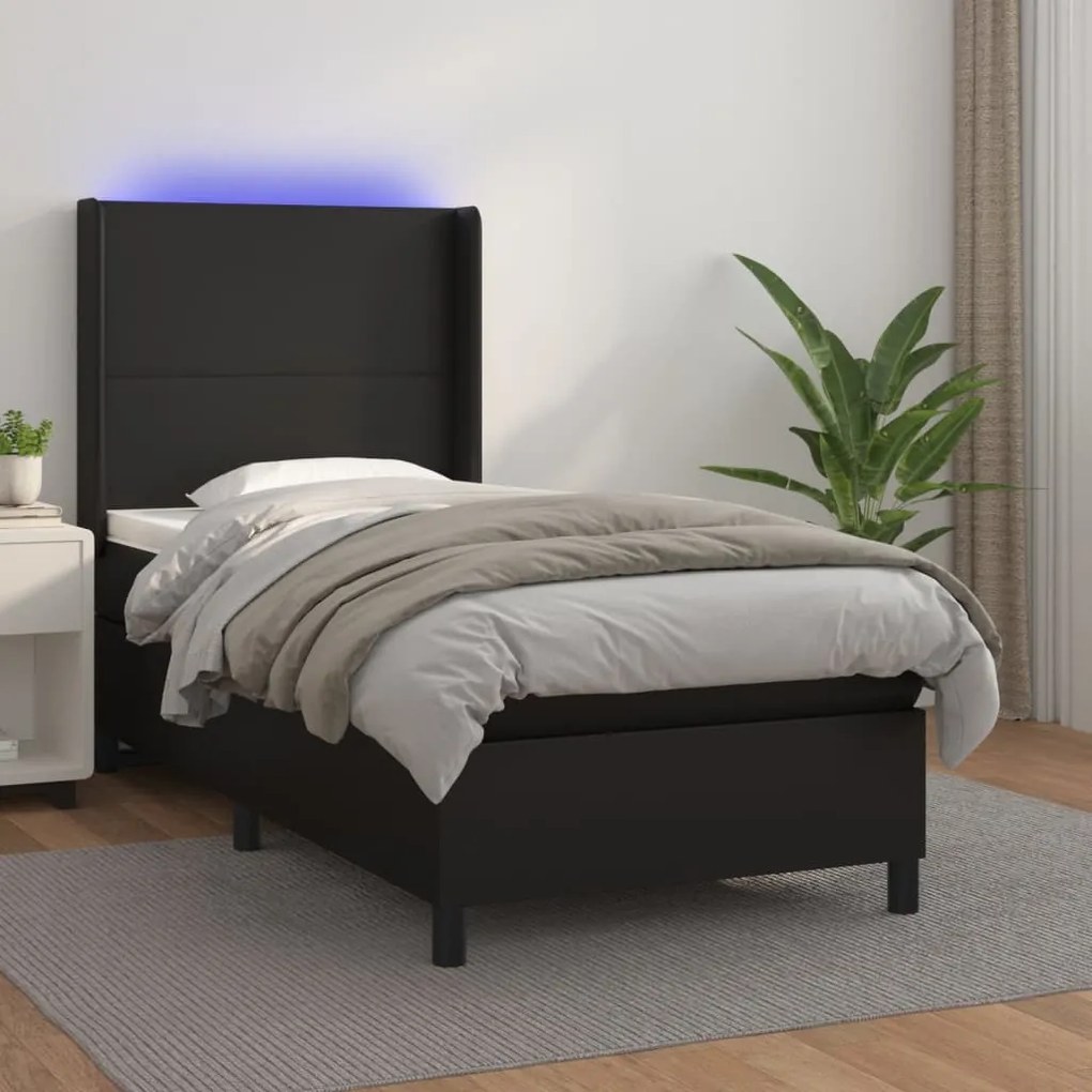 vidaXL Box spring postel s matrací a LED 90x200 cm umělá kůže [3139243] Barva: Černá