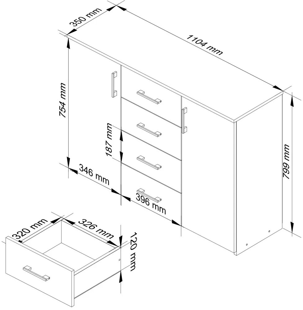 Komoda Torvi K 110,4 cm bílá/šedá lesklá