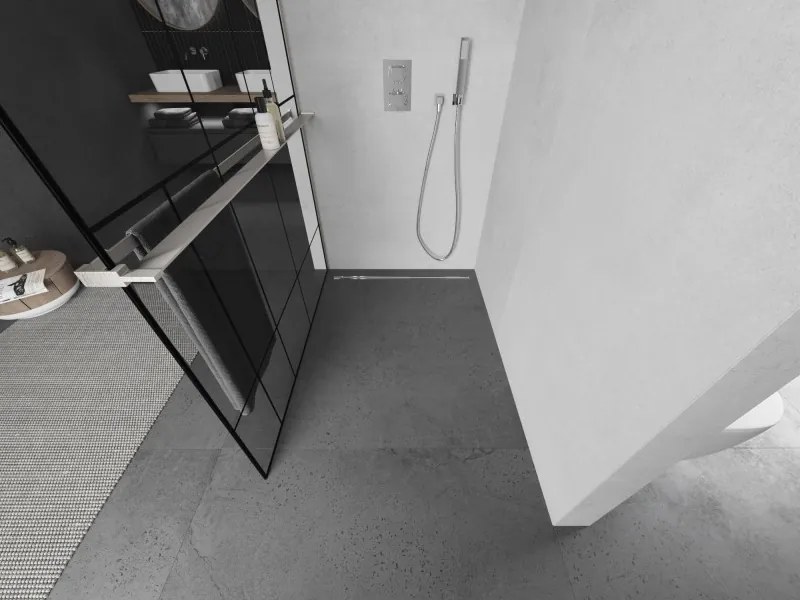 Mexen Kioto+ L, sprchová zástěna Walk-In s poličkou a věšákem 70 x 200 cm, 8mm čiré sklo černý vzor, broušená ocel profil, 800-070-123-97-78