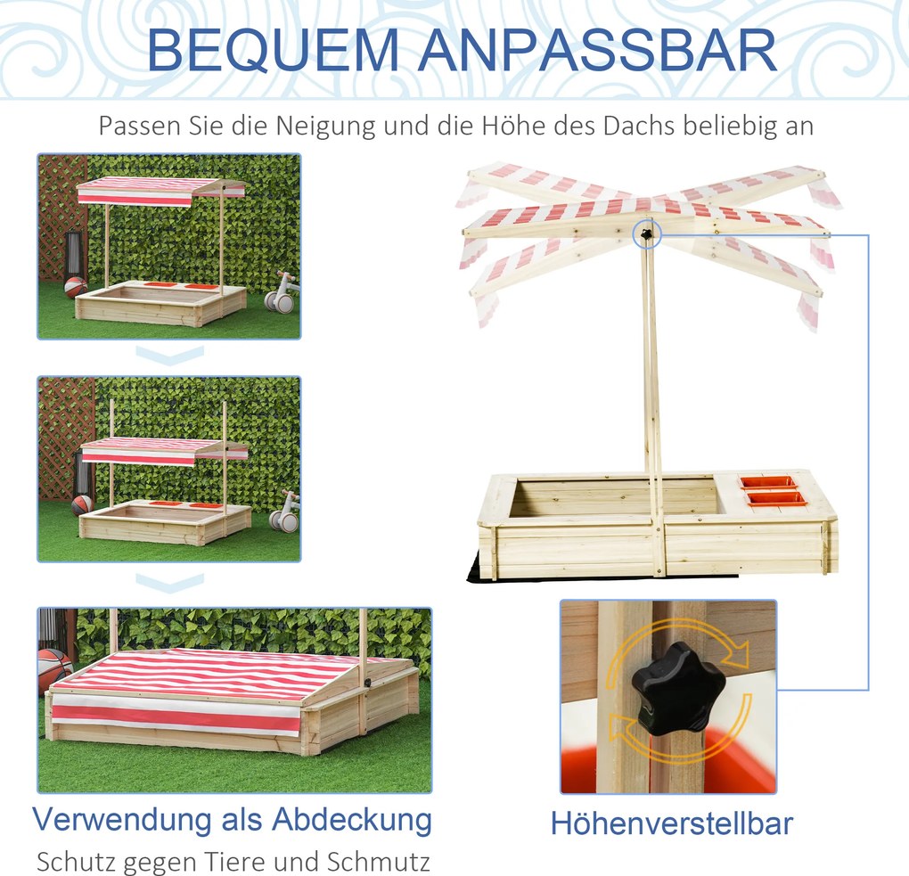 Square Wooden Sandpit Outsunny 1,18L x 1,18W x 1,18H m - Nastavitelná výška, sklon střechy, uzavíratelný - 2 vaničky - Autoklávované jedlové dřevo