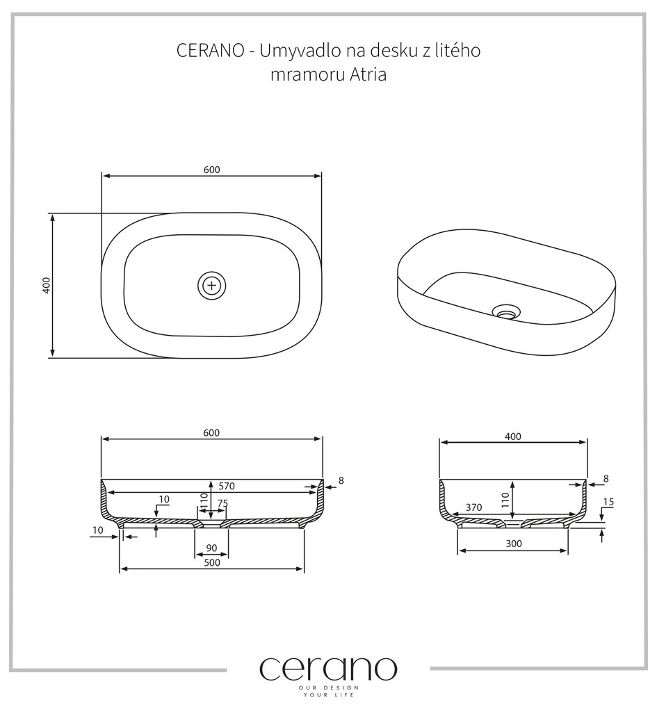 CERANO - Umyvadlo na desku z litého mramoru Atria - bílá matná - 60x40 cm