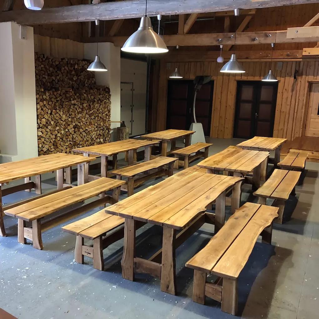 KULHÁNEK Zahradní dubová sestava - stůl, 2x lavice bez opěradla (rustikální provedení) Délka: 150 cm, Odstín nátěru: individuální
