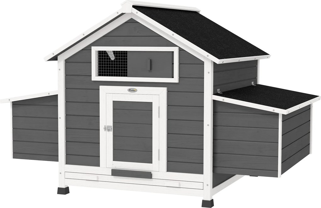 PawHut Dřevěný Venkovní Kurník pro 2-4 Slepice s 2 Hnízdícími Boxy, Vyjímatelným Táckem a Plocho Zvedací Střechou 150x100x96,5 cm Šedý a Bílý | Aosom