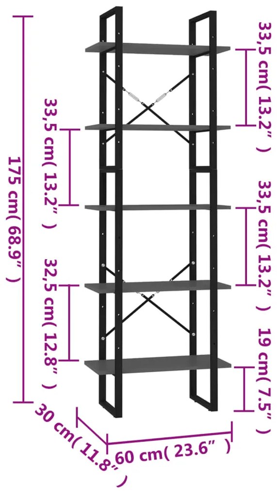 vidaXL Marketos Knihovna s 5 policemi šedá 60 x 30 x 175 cm kompozitní dřevo