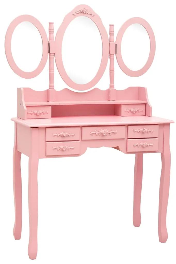 vidaXL Toaletní stolek se stoličkou a 3dílné skládací zrcadlo růžový