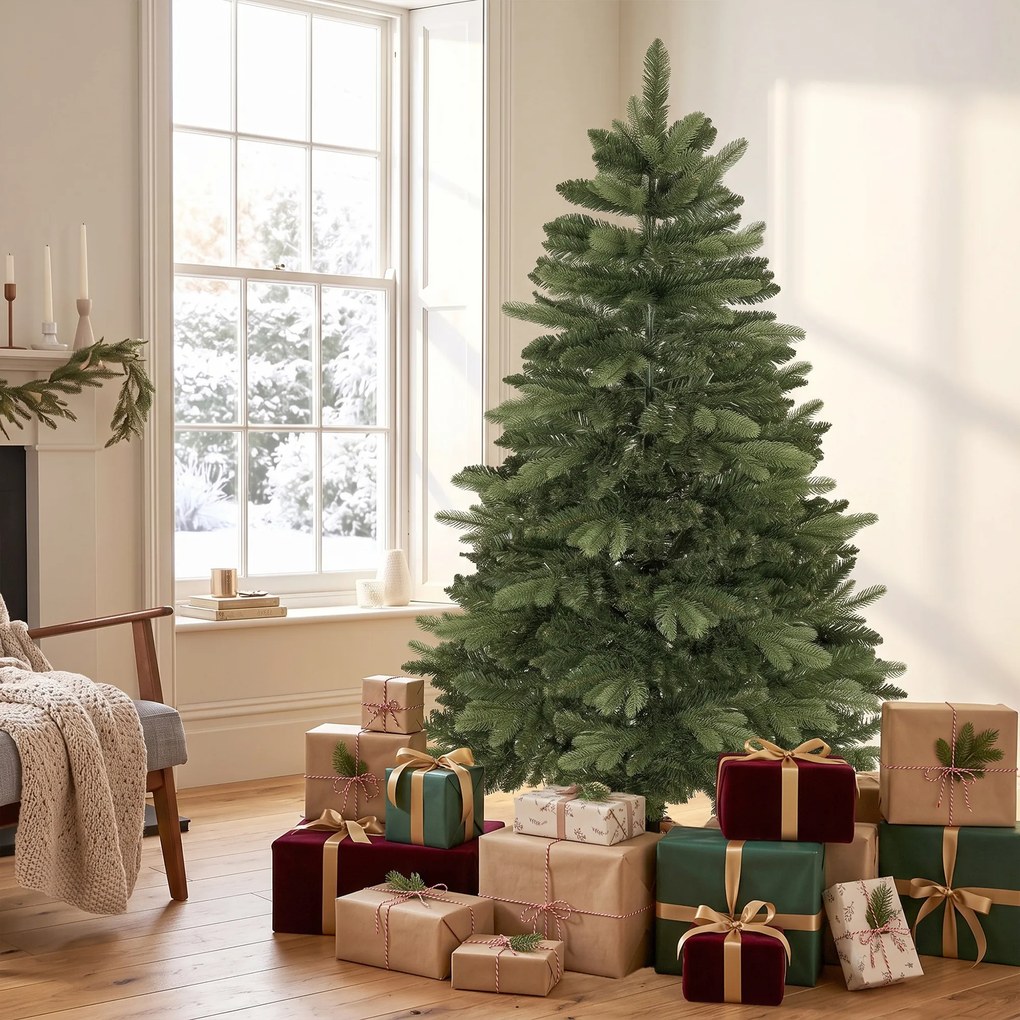 HOMCOM Umělý vánoční stromek 150 cm, vznešená jedle, plně se skládacími větvemi, 525 špiček, skládací dřevěný stojan, Zelená