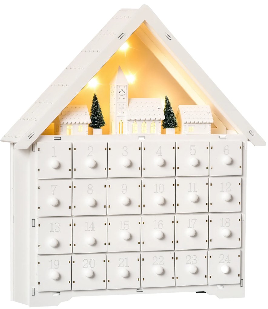 Adventní kalendář HOMCOM k naplnění 24 zásuvek a LED světel, designová vánoční dekorace 2 v 1 v bílé barvě 39 x 9 x 42 cm | Aosom.de