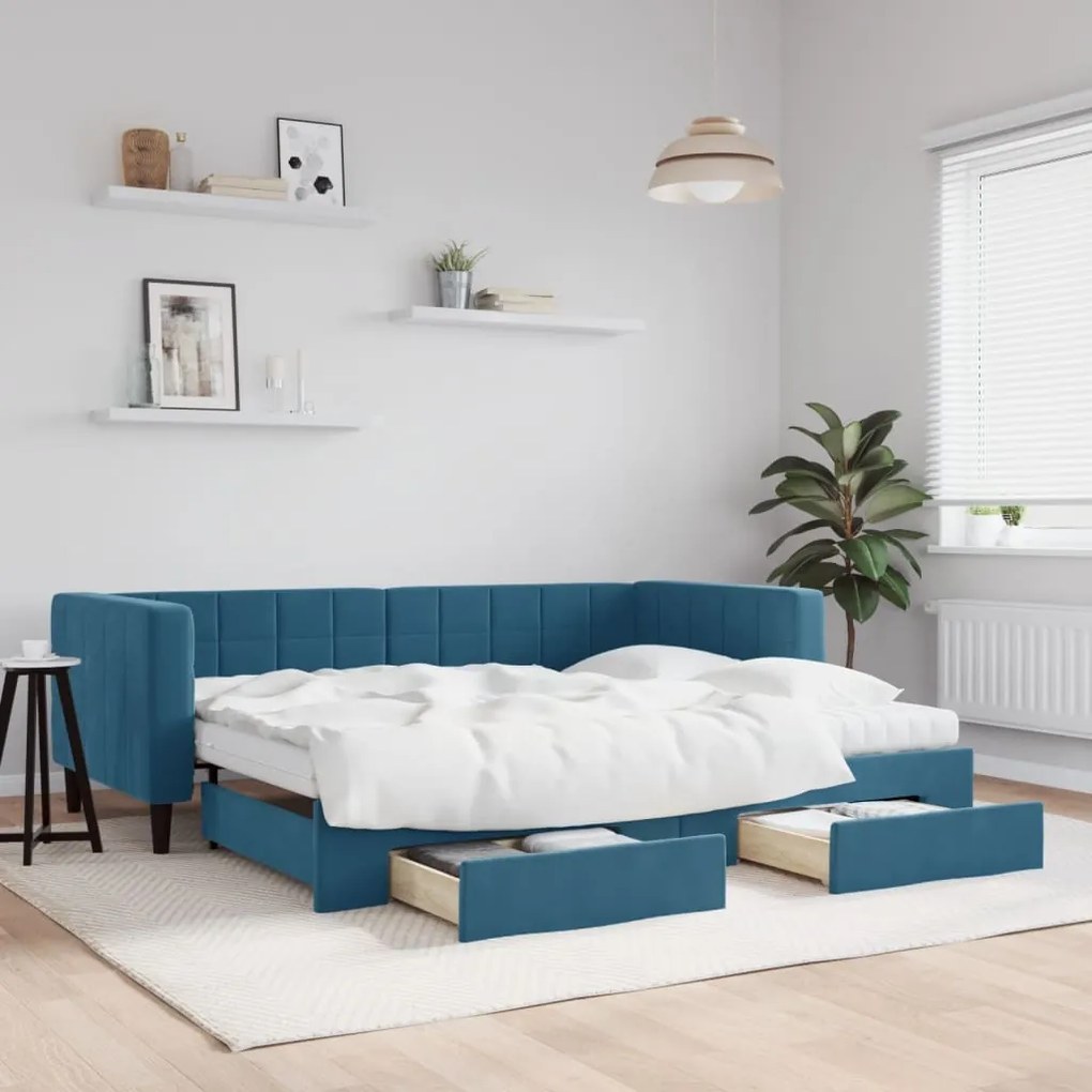 Válenda s přistýlkou a zásuvkami modrá 90 x 200 cm samet 3196762
