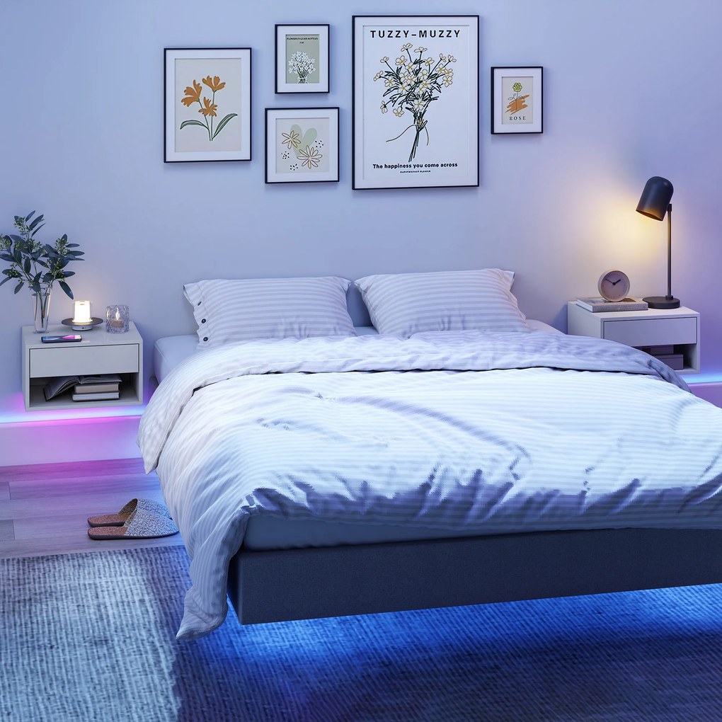 HOMCOM Noční stolek 2dílná sada s RGB LED osvětlením, závěsná noční skříňka s šuplíkem a otevřenou přihrádkou, bílá
