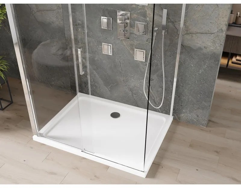 Mexen Omega, 3-stěnový sprchový kout s posuvnými dveřmi 120 (dveře) x 100 (stěna) x 190 cm, 8mm čiré sklo, chromový profil + bílá sprchová vanička SLIM, 825-120-100-01-00-3S-401