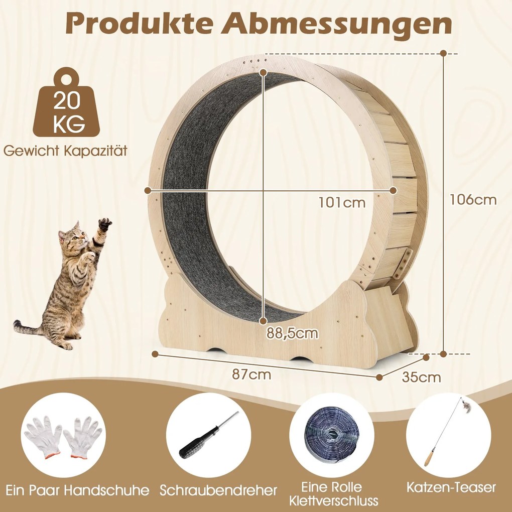 Costway 101 cm Velký běhací pás pro kočky na kole s uzamykatelným mechanismem