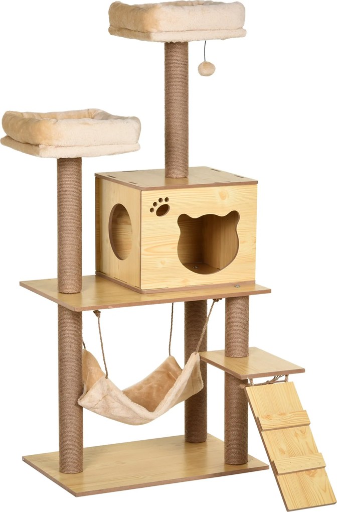 PawHut Kočičí Škrabadlo Výška 130 cm Kočičí Věž se Sisalovými Škrabacími Sloupky 2 Postele Houpací Síť Jeskyně Hračková Koule a Rampou 60x40x130 cm Př