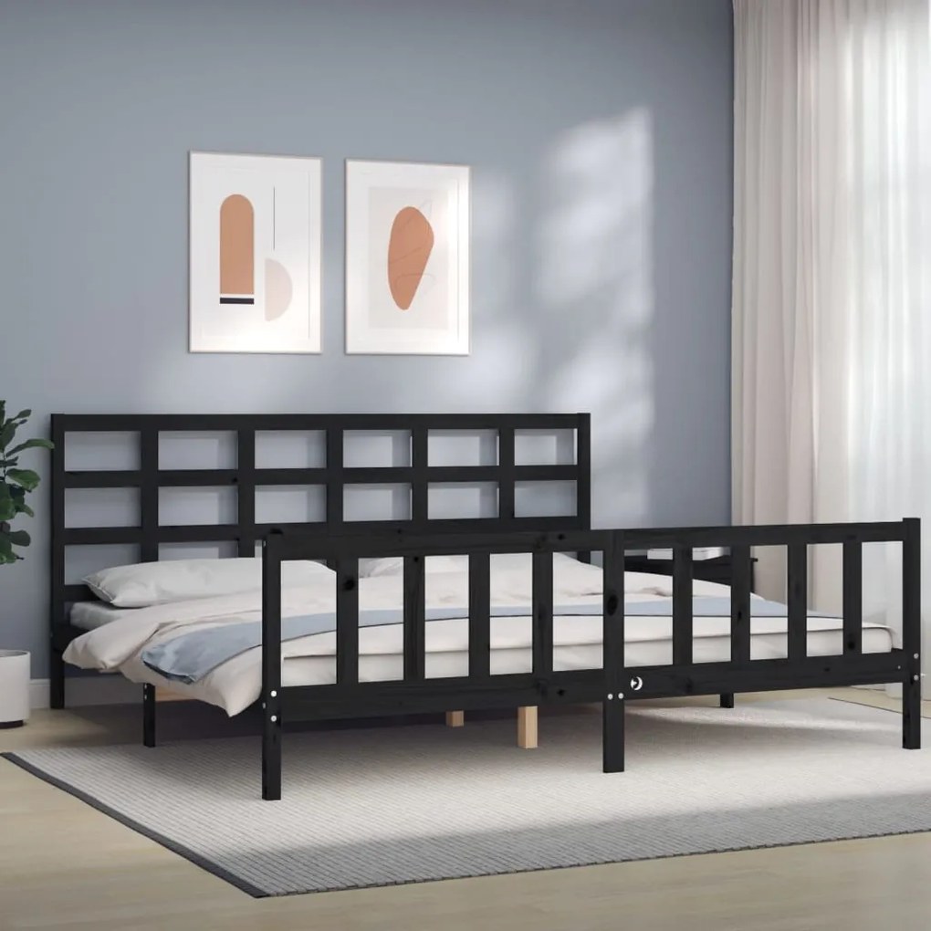 Rám postele s čelem černý 200 x 200 cm masivní dřevo 3192125
