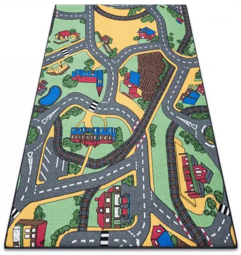 Dětský kusový koberec REBEL ROADS Playtime 95 Město uličky protiskluzový šedý zelený Rozměr: 95x133 cm