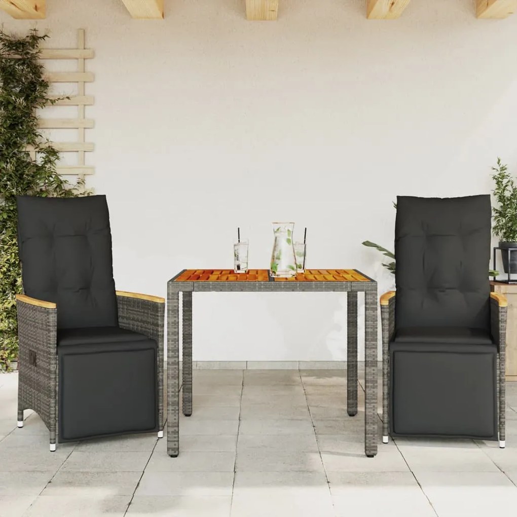 3dílný zahradní bistro set s poduškami šedý polyratan 3276967