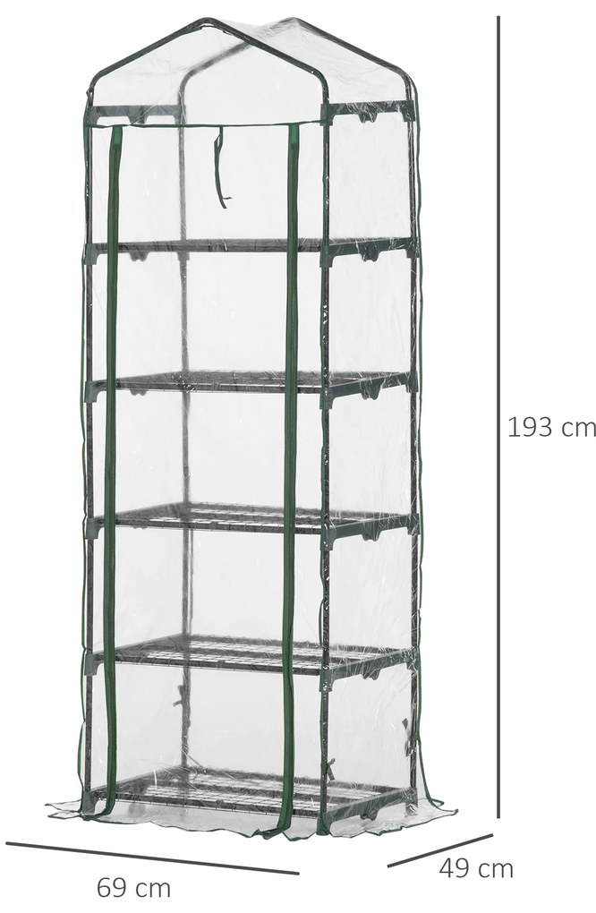 Fóliový skleník Outsunny s 5 policemi, mini skleník pro květiny a zeleninu, zelený průhledný 69x49x193cm