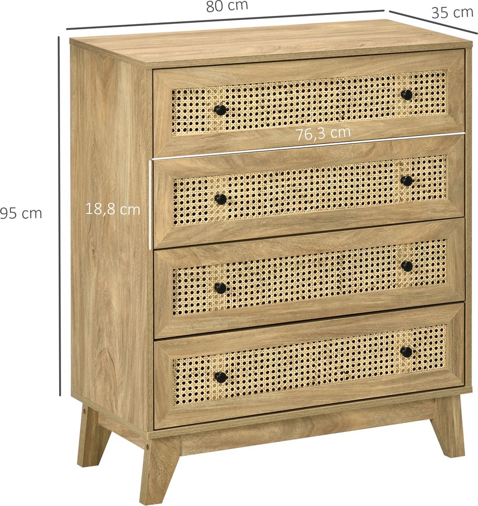 HOMCOM Komoda se 4 šuplíky s ratanovým ratanem 80 x 35 x 95 cm Světlé dřevěné provedení