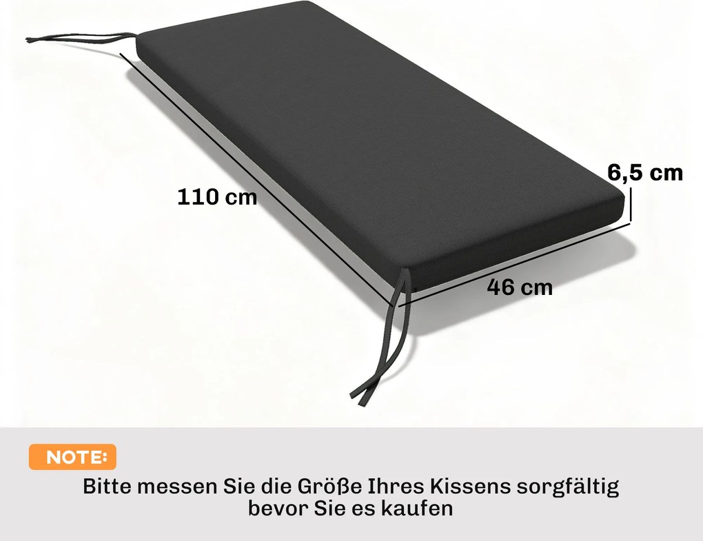 Voděodolný polštář na lavici, venkovní polštář na sezení se snímatelným potahem a upevňovacími popruhy pro zahradu a terasu, 110 x 46 cm, tmavě šedý