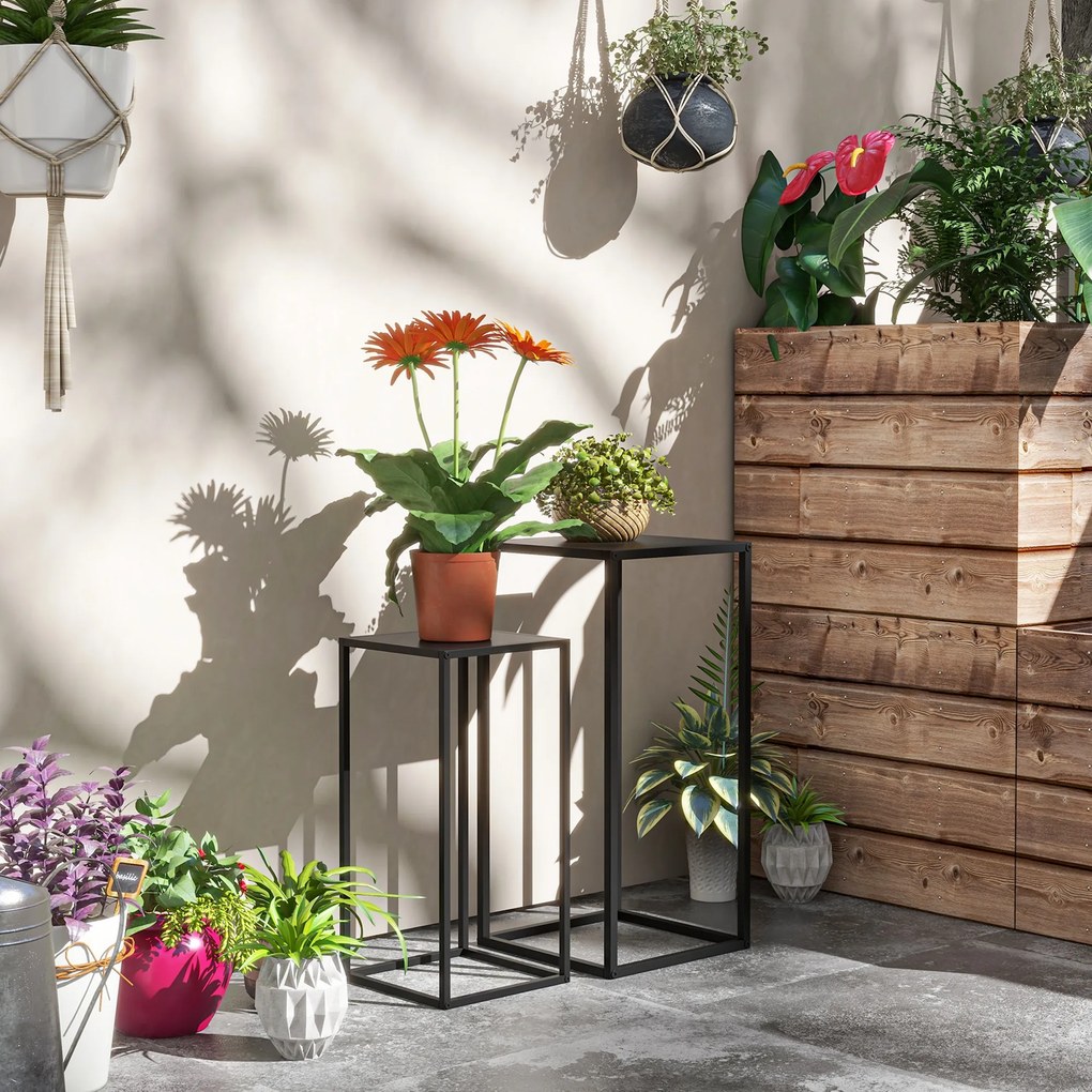 Outsunny sada 2 stojanů na rostliny, stolička na rostliny s ocelovými nohami, skandinávský design, stojan na květiny na zahradu, balkon, černý