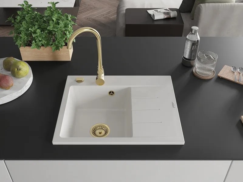 Mexen Ben, 1-komorový granitový dřez 600x500x190 mm, levý + zlatý sifon, bílá, 6522605000-20-G