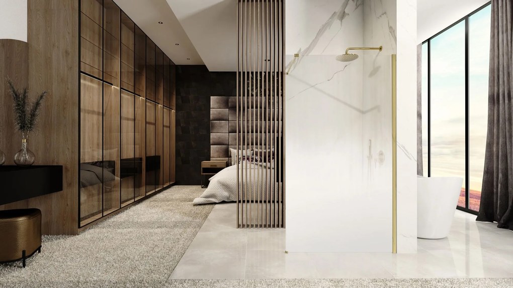 Rea Aero Ombre, sprchová zástěna Walk-In 110x195 cm, 8mm čiré sklo s bílým vzorem, zlatý matný profil, REA-K2465