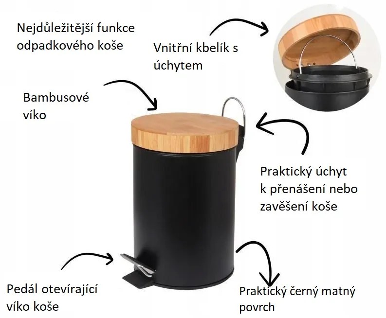 Odpadkový koš do koupelny s bambusovým krytem 3l - černý