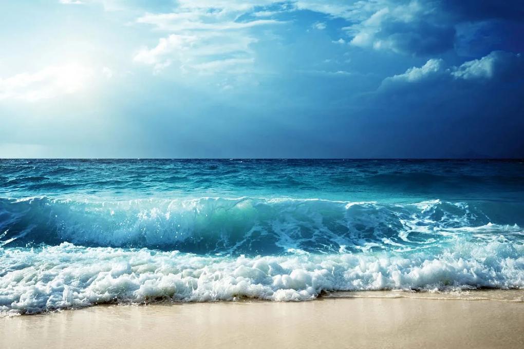 DIMEX | Samolepicí vliesová fototapeta na zeď Seychelská pláž MA-5-3120 | 375 x 250 cm | modrá, bílá, šedá