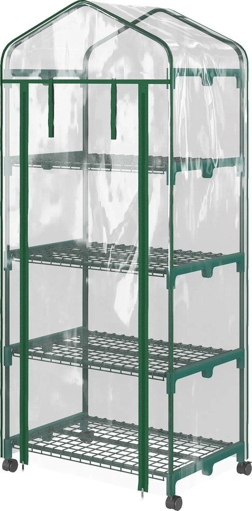 Fóliový skleník Outsunny s rolí, skleník se 4 policemi, fóliový skleník s ocelovým rámem, pro zahradu, balkon 69 x 50 x 165 cm, zelený 845-228V04TP