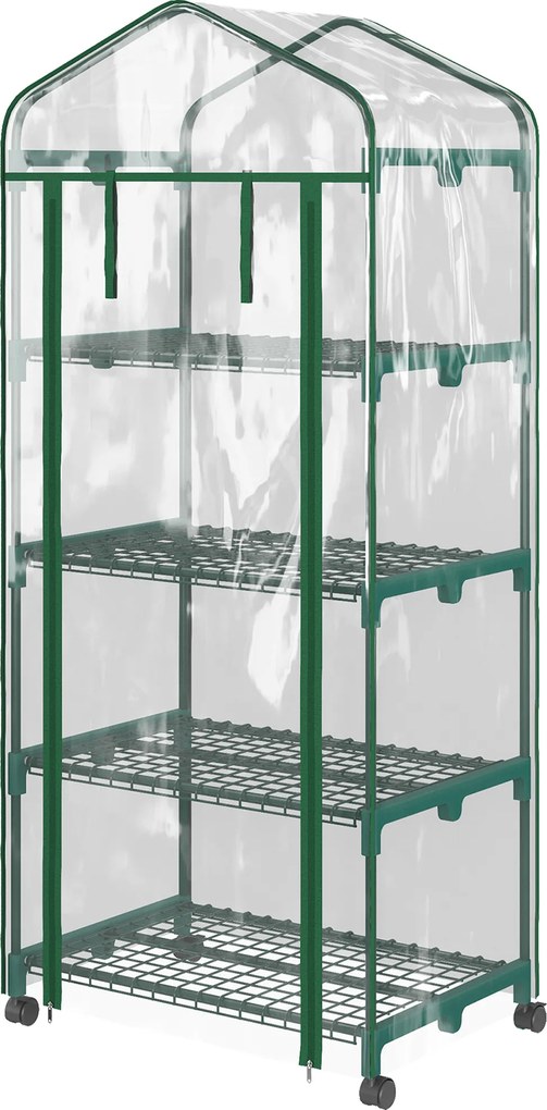 Fóliový skleník Outsunny s rolí, skleník se 4 policemi, fóliový skleník s ocelovým rámem, pro zahradu, balkon 69 x 50 x 165 cm, zelený