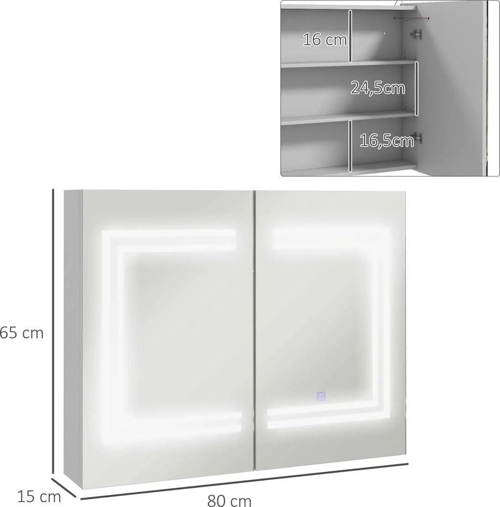 kleankin koupelnová skříňka se zrcadlem s LED osvětlením, 80 x 65 cm, koupelnová skříňka se zrcadlem, soft-close dveře, stmívatelná ve 3 barvách, nas…