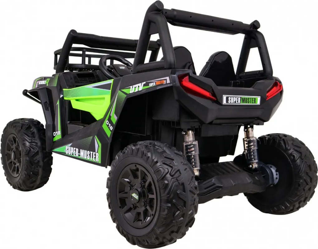 Ramiz Elektrická terénní bugina UTV pro děti zelená + dálkové ovládání + zavazadlový prostor + pomalý start + EVA kola + MP3 LED