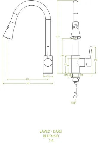 Laveo Daru, kuchyňská baterie stojící h-410, chromová, LAV-BLD_069D