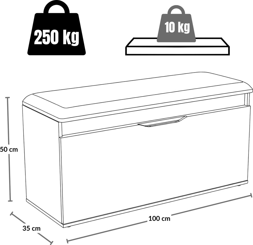 Botník s sedákem a úložným prostorem TORI, 100 x 50 x 35 cm, bílá